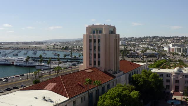 Aerial footage of the Courthouse and Waterfront Park in Downtown San ...