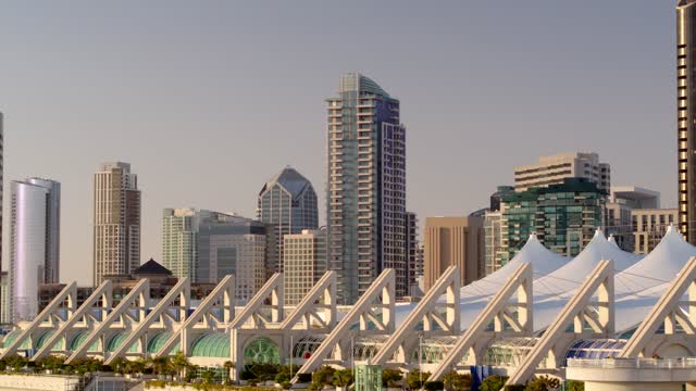 Cinematic aerial shot of the San Diego Convention Center and Pinnacle ...