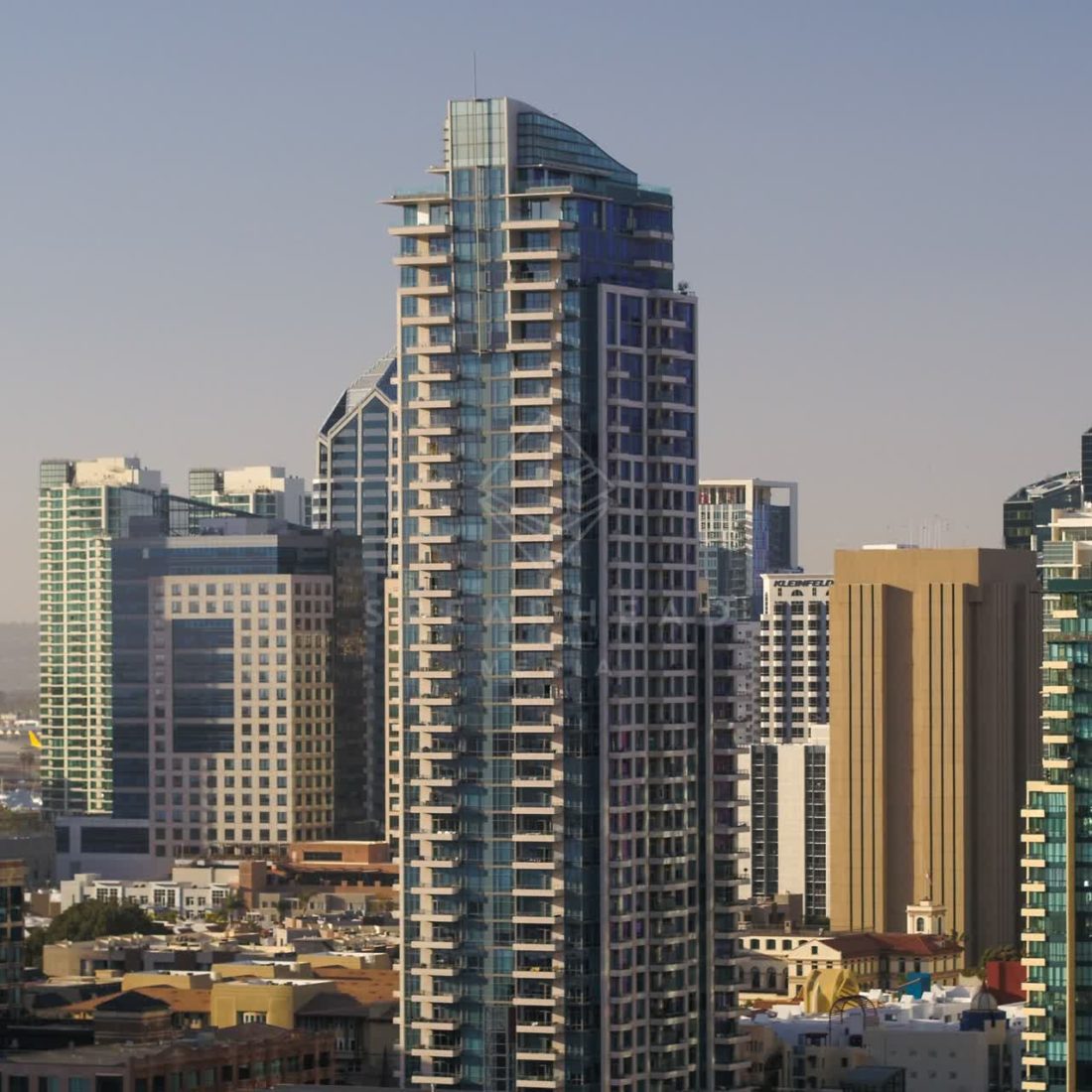 Aerial of Pinnacle Marina Tower at 550 Front Street and the San Diego ...
