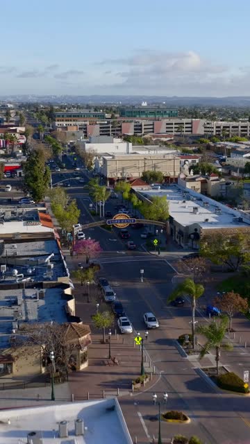 Aerial shot of downtown Chula Vista and the Third Avenue Sign with the ...