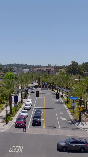 Aerial view of the iconic Vista sign over Main Street in Downtown Vista ...